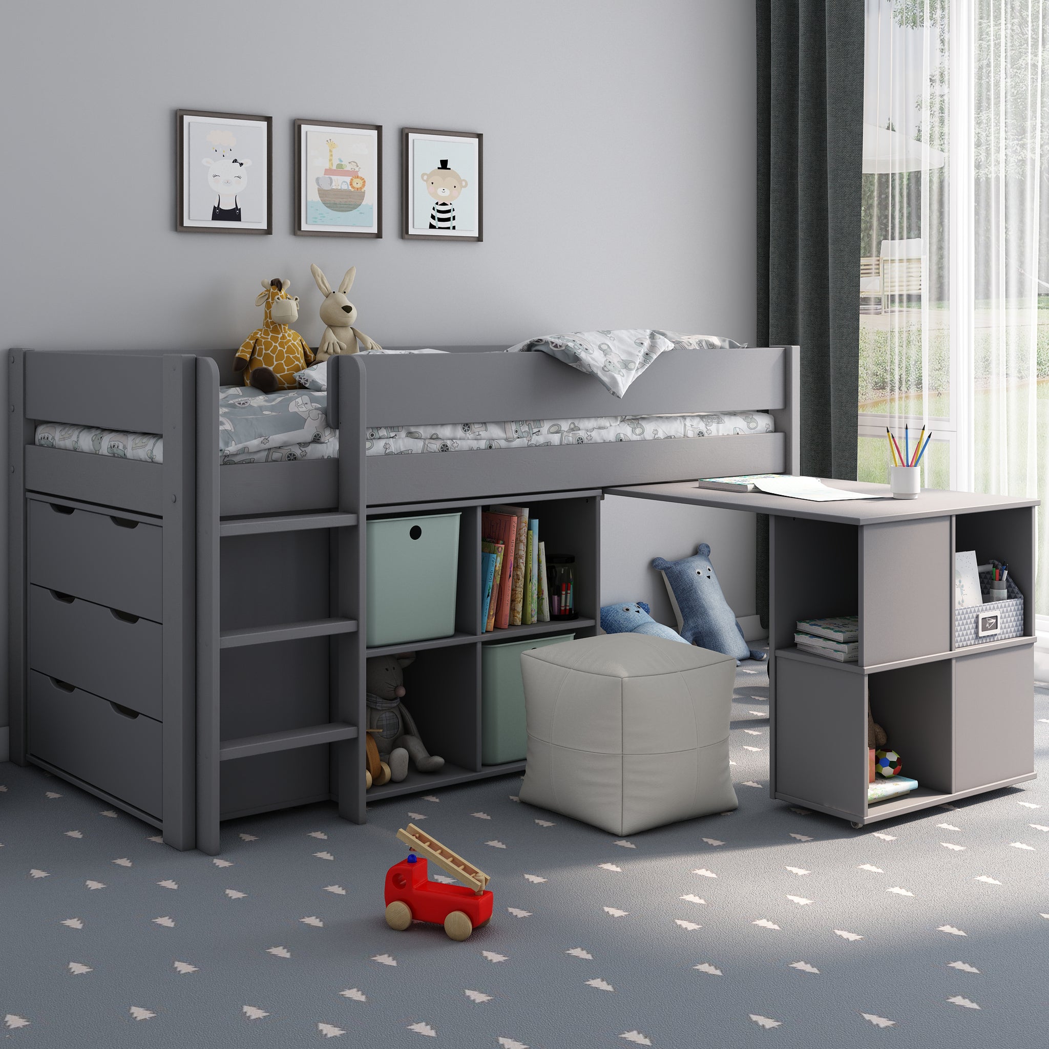 Midsleeper Bed with Shelves Drawers Pull Out Desk Kids Avenue Estella Grey