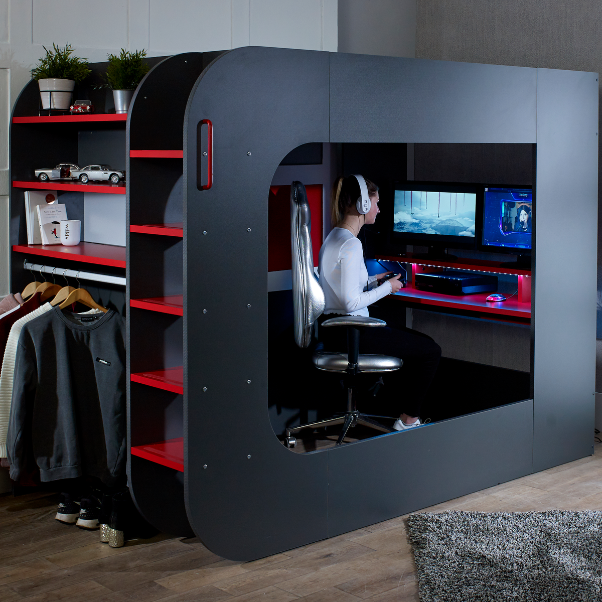 PodBed High Sleeper Small Double Gaming Bed with Built-In Desk & Open ...